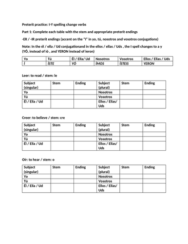 I-Y preterit verbs introductory practice | Teaching Resources
