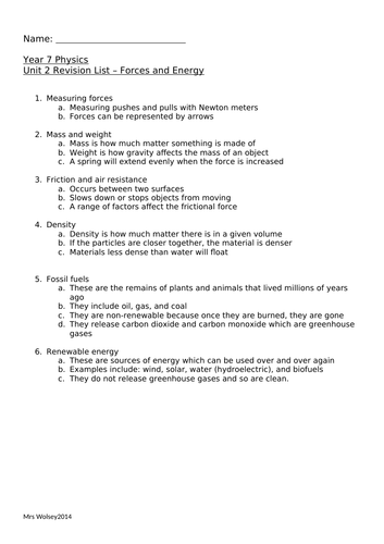 Ks3 Forces And Energy Revision Booklet Teaching Resources