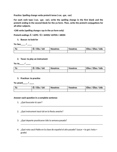 Preterit spelling change practice car gar zar | Teaching Resources