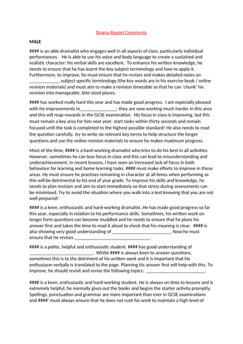 Drama KS4 Year 10/11 Pupil Report Comment Bank | Teaching Resources