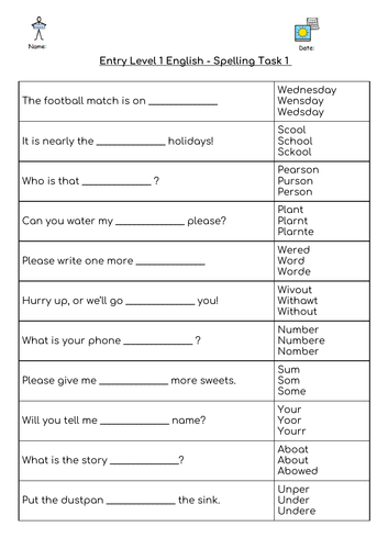 Entry Level 1 Spellings - sentences and tests | Teaching Resources
