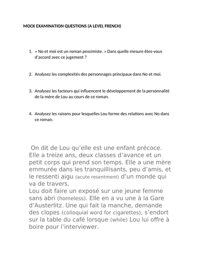 FRENCH A LEVEL REVISION SHEET NO ET MOI | Teaching Resources