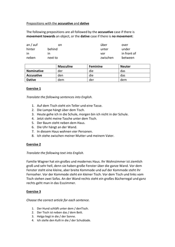 Prepositions with the accusative and dative / Mixed-case prepositions ...