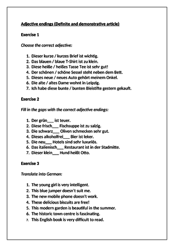 Adjective endings (definite and demonstrative article) | Teaching Resources