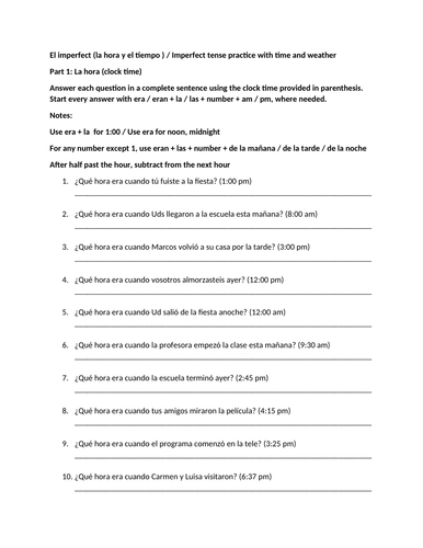 Imperfect tense time and weather practice | Teaching Resources