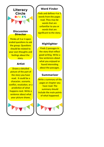 Literacy Circle Role Bookmark | Teaching Resources