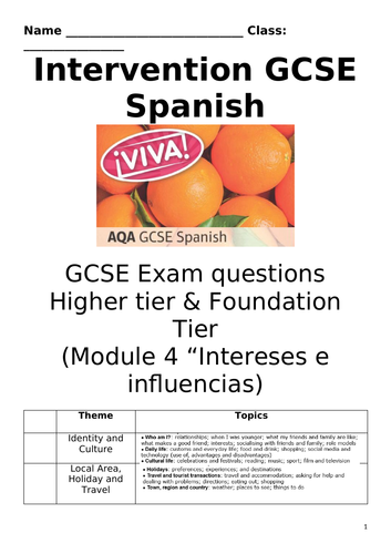 VIVA AQA GCSE - Module 4 “Intereses e influencias” Writing Speaking Q.A ...