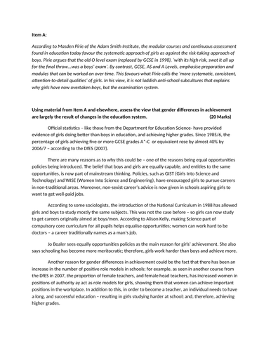 Using material from Item A and elsewhere, assess the view that gender ...