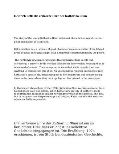 Heinrich Böll: Die verlorene Ehre der Katharina Blum GERMAN A LEVEL ...