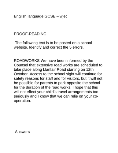 GCSE ENGLISH LANGUAGE PAST PAPERS PROOFREADING EXERCISE WITH ANSWERS ...