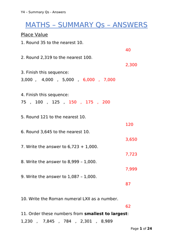Y4 Maths - Summary Qs | Teaching Resources