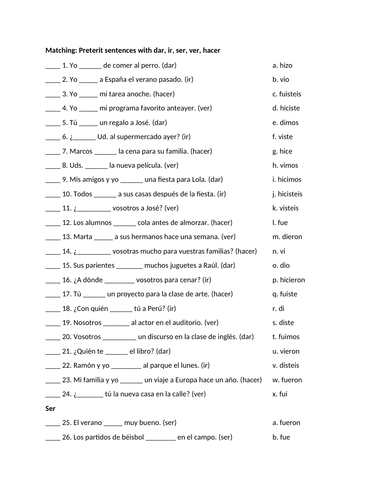 Preterit dar ir ser ver hacer sentence matching practice | Teaching ...
