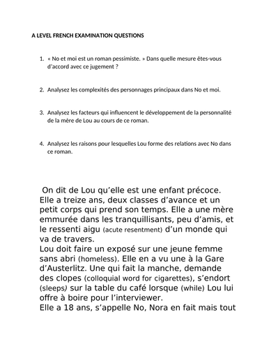 A LEVEL FRENCH 'NO ET MOI' mock exam questions and brief synopsis of ...