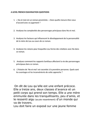 Delphine de Vigan : ‘No et moi’; a collection of exam questions A LEVEL ...