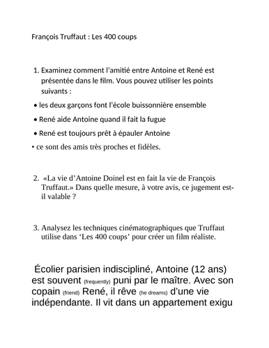François Truffaut : Les 400 coups : A LEVEL FRENCH REVISION / LESSON ...