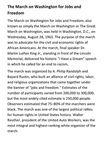 The March on Washington for Jobs and Freedom Handout | Teaching Resources