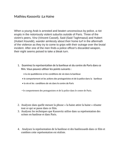 Mathieu Kassovitz :La Haine A LEVEL FRENCH PAST EXAMINATION QUESTIONS ...