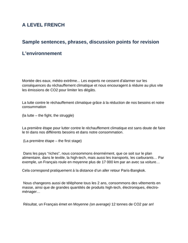 Le réchauffement climatique : A level French revision sheet / lesson ...