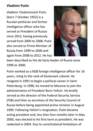 Vladimir Putin Handout | Teaching Resources
