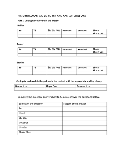 Preterit quiz regular and spelling change verbs | Teaching Resources