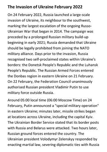 The Invasion of Ukraine Handout | Teaching Resources