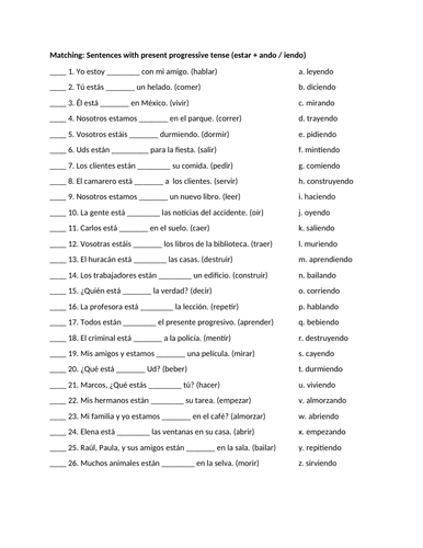 Sentences with present progressive matching practice | Teaching Resources