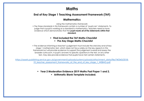 Maths End of Key Stage 1 Teaching Assessment Framework (TAF) including ...