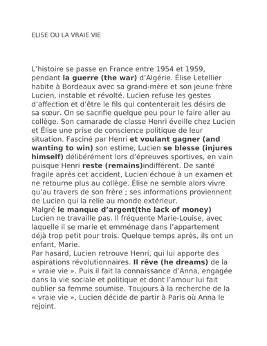 ELISE OU LA VRAIE VIE summary A LEVEL FRENCH | Teaching Resources