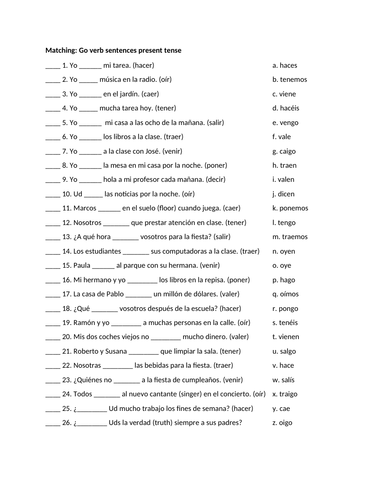 Go verbs sentences matching practice | Teaching Resources