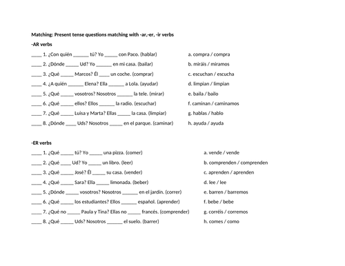Present tense regular verbs questions matching practice | Teaching ...