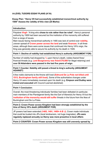 A-Level History Essay Plans (TUDOR HISTORY) | Teaching Resources A-Level History Essay Plans (TUDOR HISTORY) | Teaching Resources