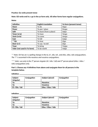 Go verbs Spanish review practice | Teaching Resources