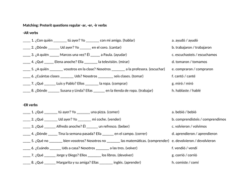 Regular preterit verbs questions matching practice | Teaching Resources