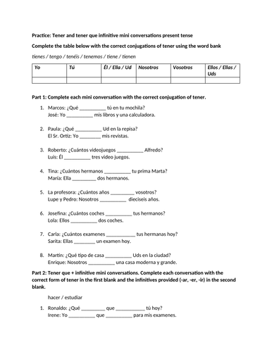 Tener and tener que infinitive conversation worksheet | Teaching Resources