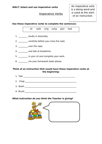 KS2 Worksheet - Imperative Verbs 1 (2 versions) | Teaching Resources