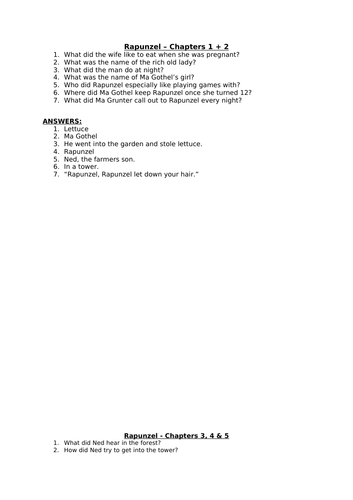 'Rapunzel' Comprehension Questions and Answers | Teaching Resources