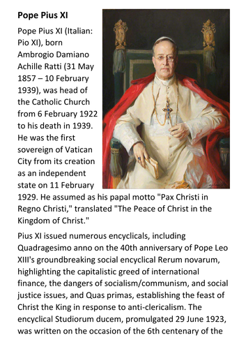 Pope Pius XI Handout | Teaching Resources