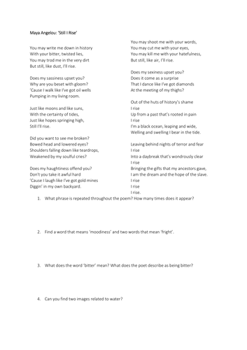 Still I Rise - poem & comprehension | Teaching Resources