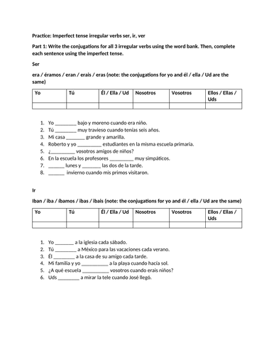 Imperfect irregular verbs practice ser ir ver | Teaching Resources