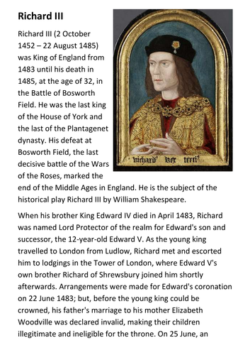 Richard III Handout with Activities | Teaching Resources
