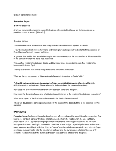 A LEVEL FRENCH REVISION SHEET BONJOUR TRISTESSE incl. extract from mark ...