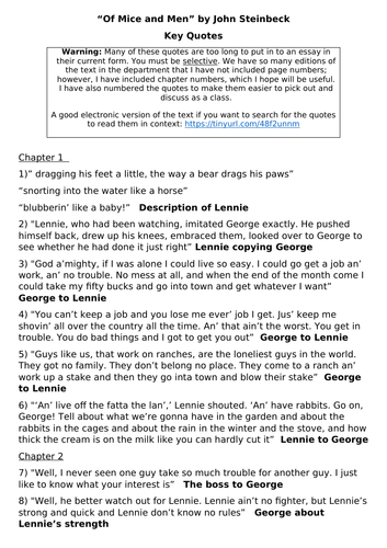 Of Mice and Men by John Steinbeck Quote Sheet | Teaching Resources