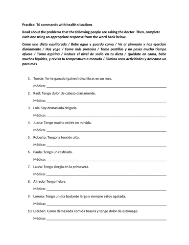 Practice: Tú commands with health situations | Teaching Resources