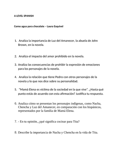 Como agua para chocolate – Laura Esquivel A LEVEL SPANISH REVISION ...