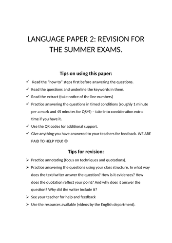 Edexcel language paper 1 and 2 summer revision booklet | Teaching Resources