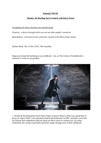 National 5 English RUAE Passage and answer scheme on Harry Potter ...