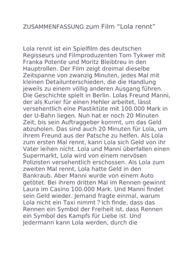 A* A LEVEL GERMAN AQAZUSAMMENFASSUNG zum Film “Lola rennt” and mock ...