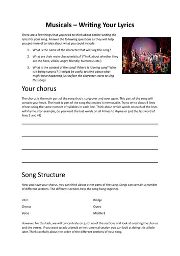 Writing Song Lyrics Worksheet