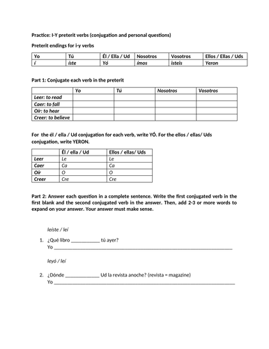 I-Y preterit verbs conjugation and personal questions practice ...