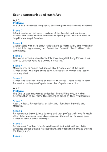 Romeo and Juliet scenes and acts summary | Teaching Resources